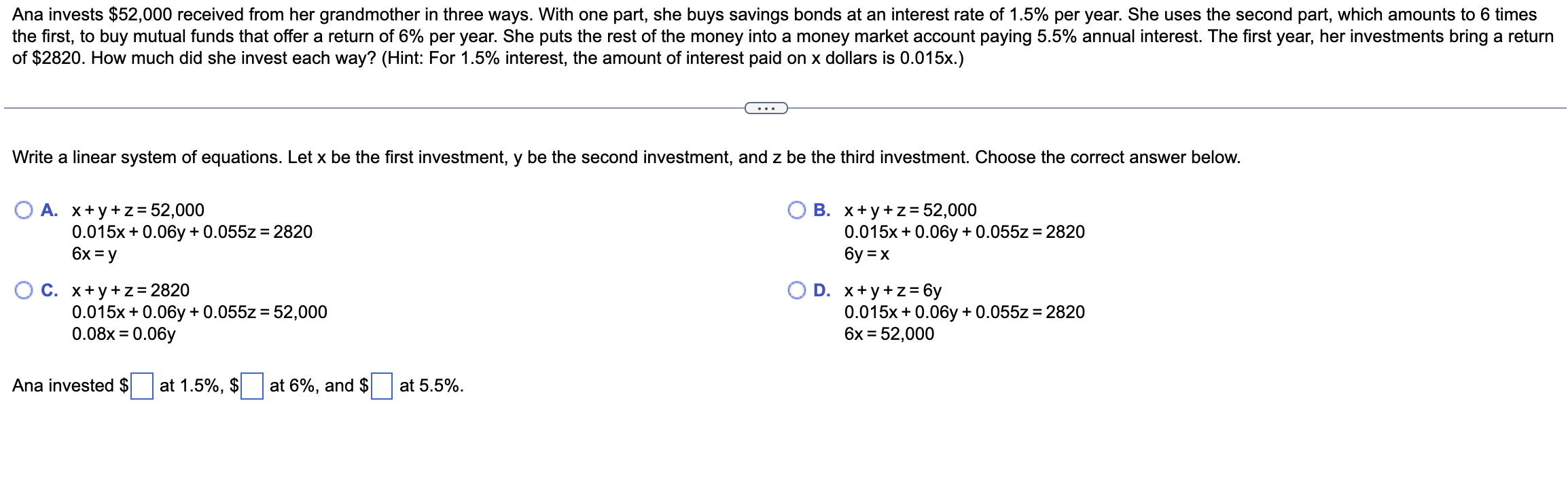 Solved of $2820. How much did she invest each way? (Hint: | Chegg.com