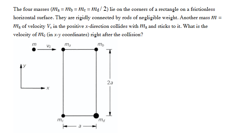 Solved The four masses (ma = mo = me = md/2) lie on the | Chegg.com