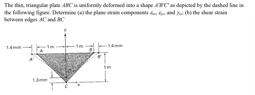 Solved The thin, triangular plate ABC is uniformly deformed | Chegg.com