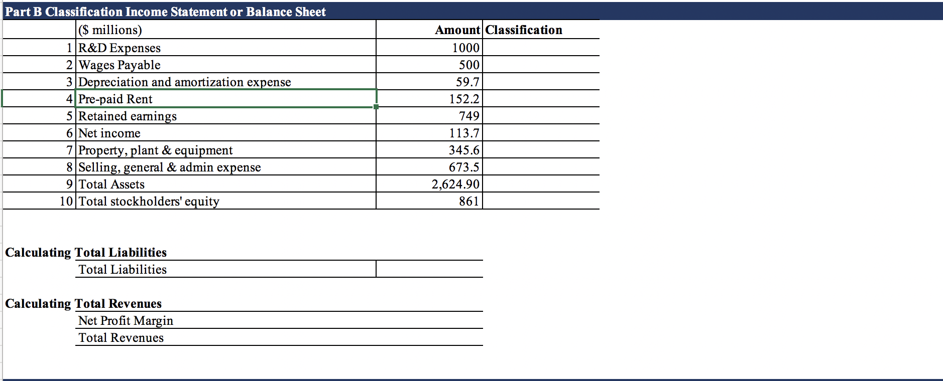 Solved Part B Classification Income Statement or Balance | Chegg.com