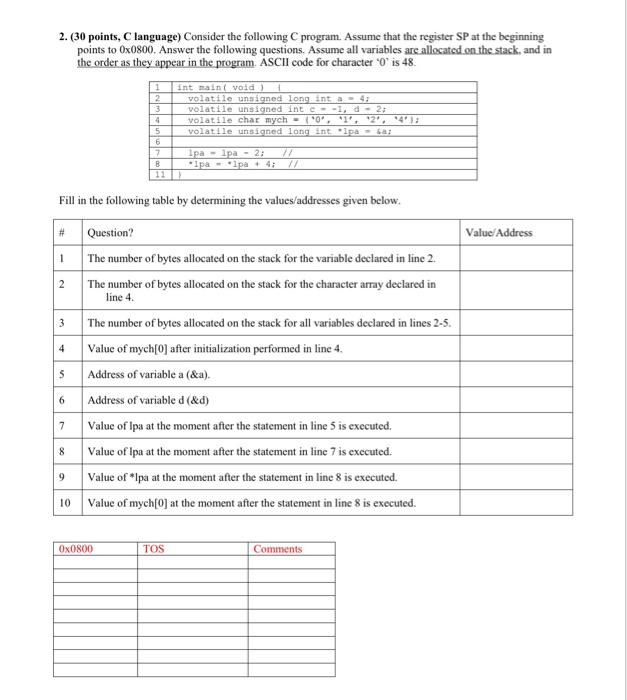 Solved 2. (30 points, C language) Consider the following C | Chegg.com