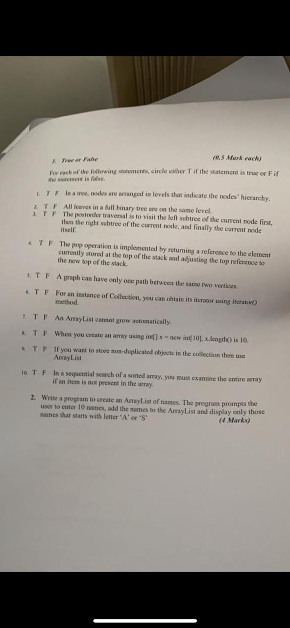 Solved The ar Falve(0.5 ﻿Mark each)For each of the following | Chegg.com