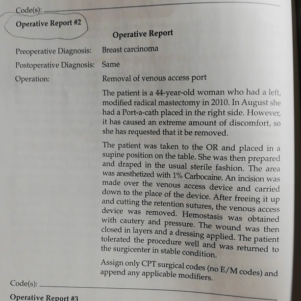 Solved Code(s): Operative Report #2 Operative Report Breast | Chegg.com