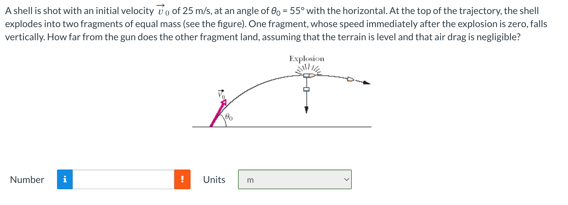 Solved A shell is shot with an initial velocity vec(v)0 ﻿of | Chegg.com