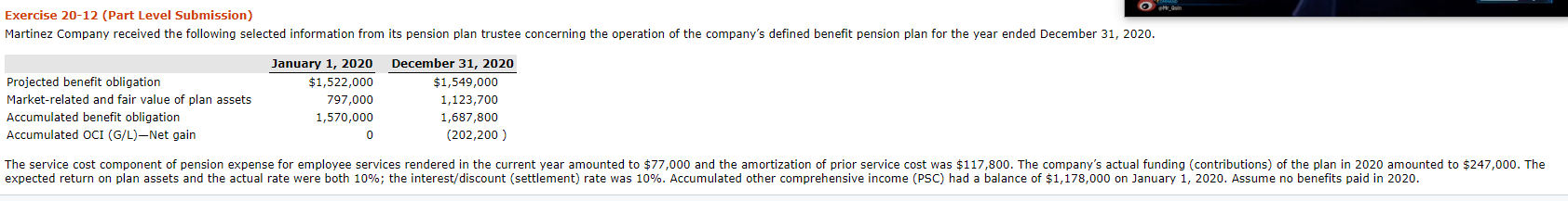 Solved ONGE Exercise 20-12 (Part Level Submission) Martinez | Chegg.com