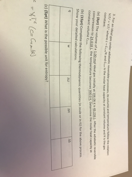 Solved 3. For an ideal gas under adiabatic reversible | Chegg.com
