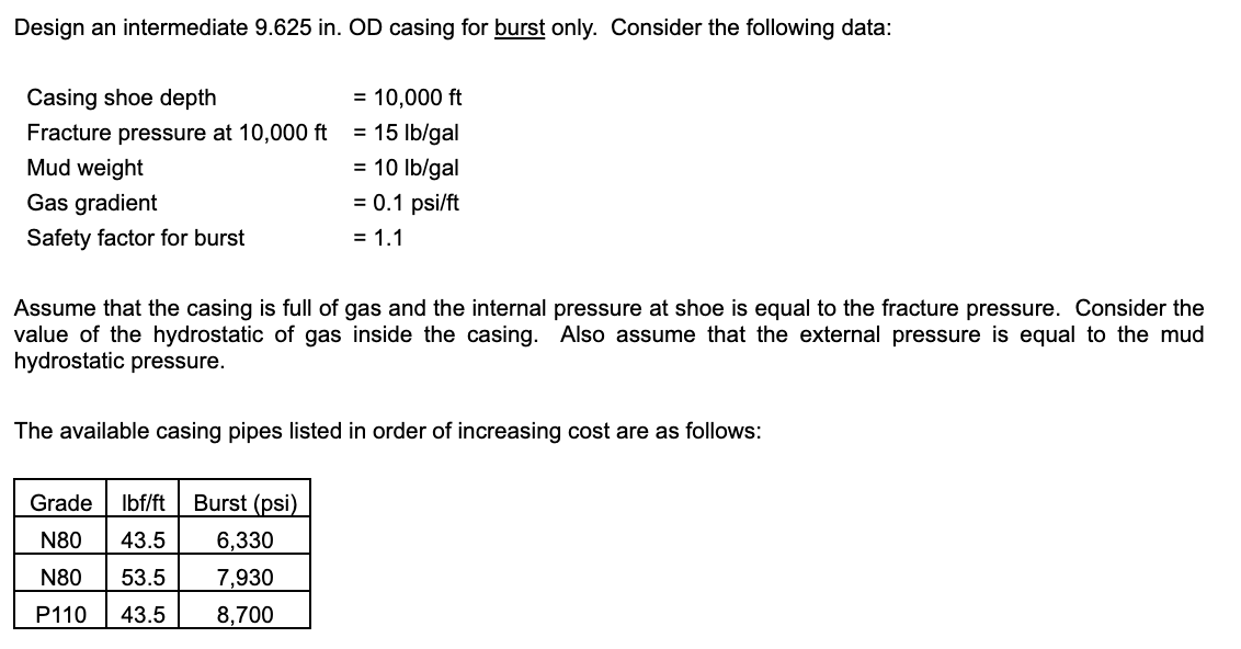 Design an intermediate 9.625 in. OD casing for burst | Chegg.com