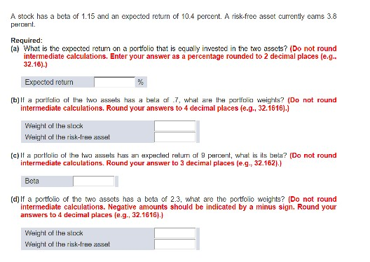 Solved A stock has a beta of 1.15 and an expected return of | Chegg.com