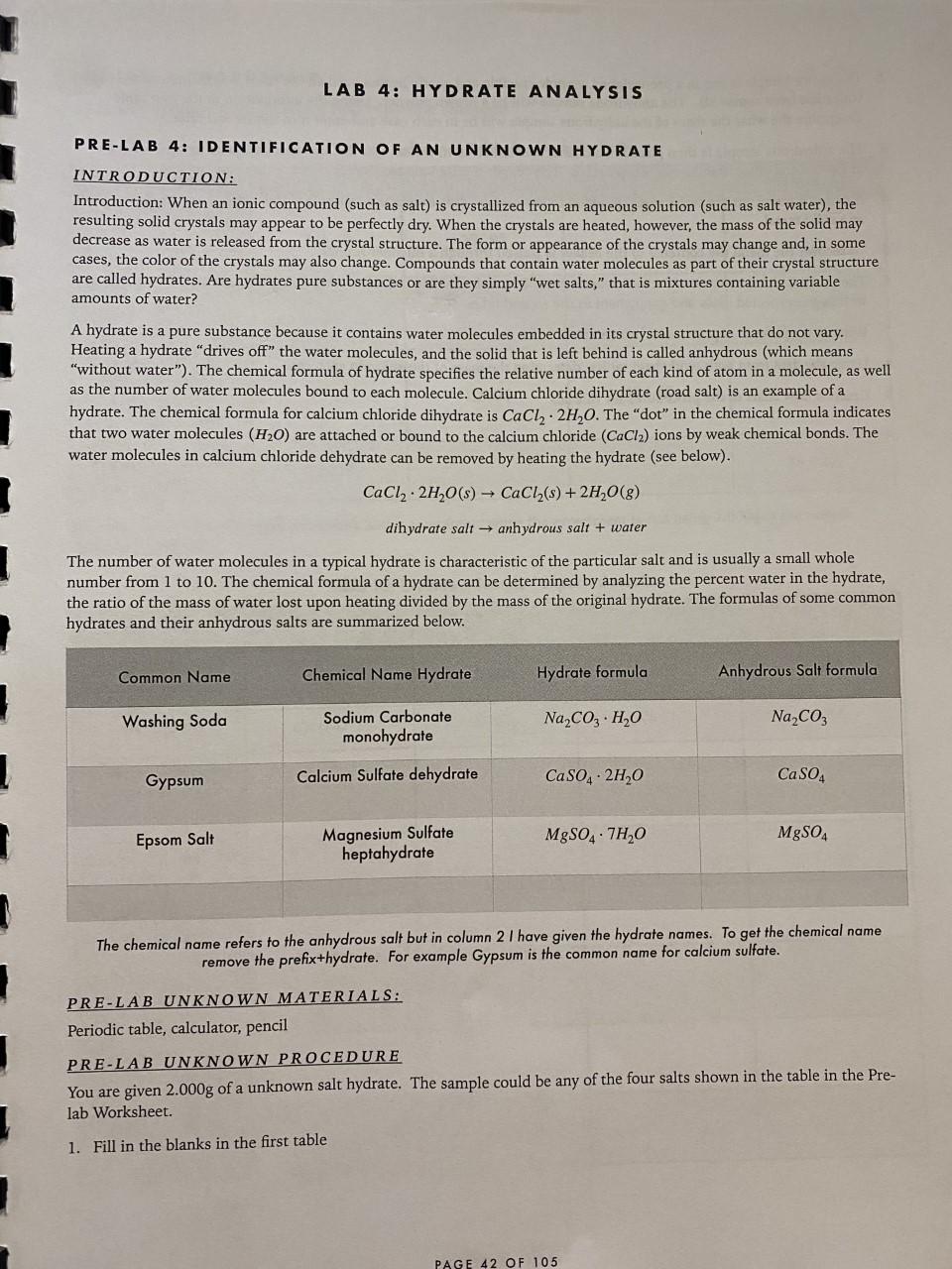 PRE-LAB 4: IDENTIFICATION OF AN UNKNOWN HYDRATE | Chegg.com