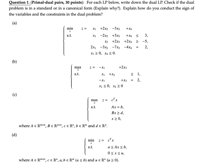 Solved Question 1. (Primal-dual pairs, 30 points): For each | Chegg.com