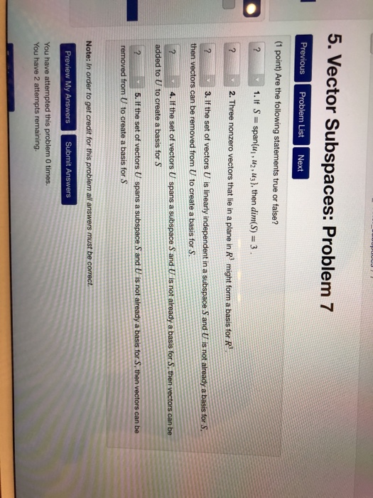 Solved 5 Vector Subspaces Problem 7 Previous Problem List 