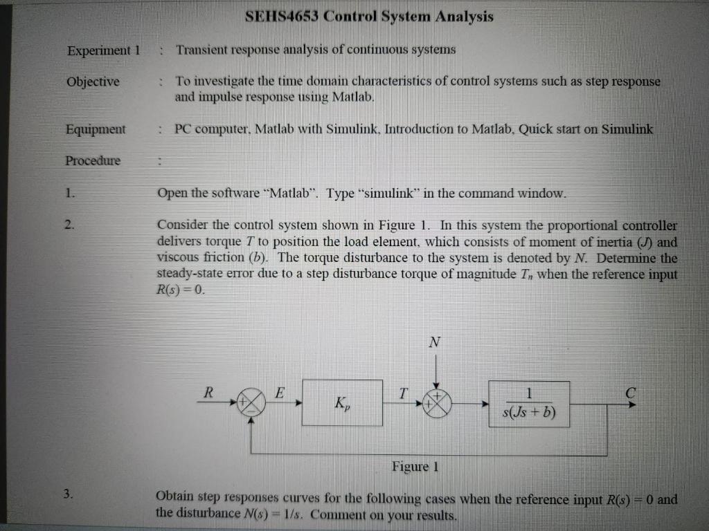 SEHS4653 Control System Analysis Experiment 1 : | Chegg.com