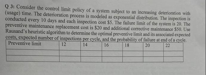 Q 3: Consider the control limit policy of a system | Chegg.com