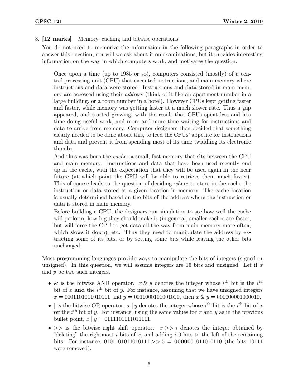Solved CPSC 121 Winter 2, 2019 3. (12 marks] Memory, caching | Chegg.com
