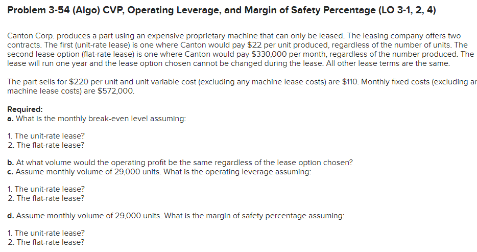 Solved Problem 3-54 (Algo) CVP, Operating Leverage, and | Chegg.com