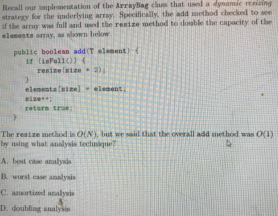 Solved the ArrayBag clats that used a dmamie ynamic resiang | Chegg.com