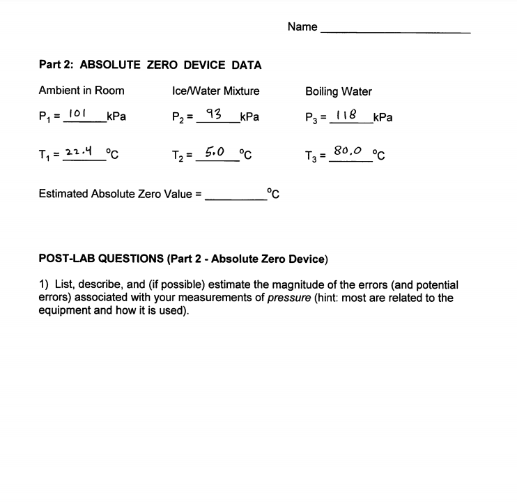 Solved Name Part 2: ABSOLUTE ZERO DEVICE DATA Ambient in | Chegg.com