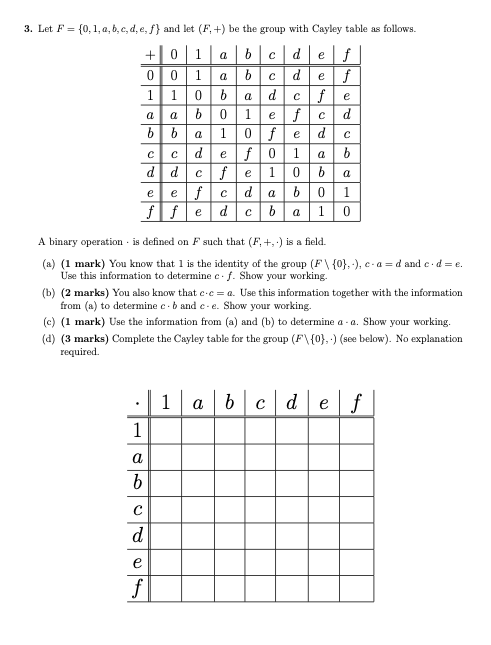 Solved 3. Let F={0,1,a,b,c,d,e,f} and let (F,+) be the group | Chegg.com Solved 3. Let F={0,1,a,b,c,d,e,f} and let (F,+) be the group | Chegg.com