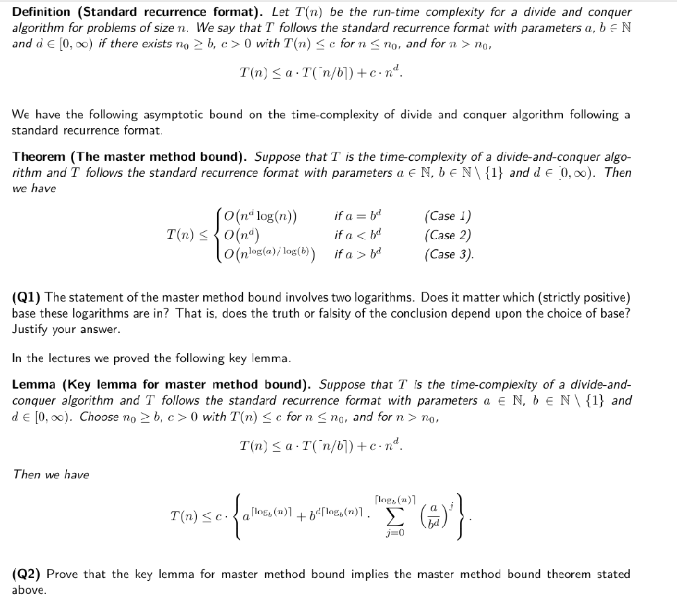 Solved Definition (Standard recurrence format). Let T(n) be | Chegg.com