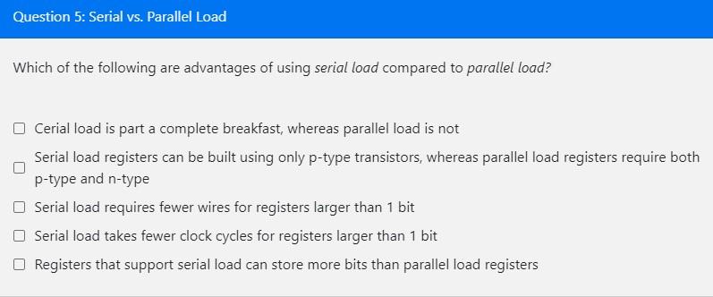 Solved Question 5: Serial vs. Parallel Load Which of the | Chegg.com