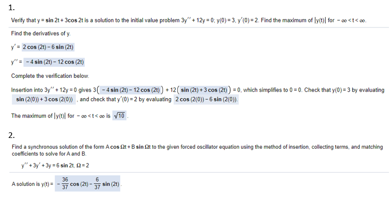 Solved 1. Verify that y=sin 2t + 3cos 2t is a solution to | Chegg.com