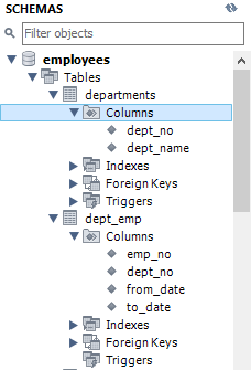 SCHEMAS a Filter objects employees Tables departments Columns dept_no ...
