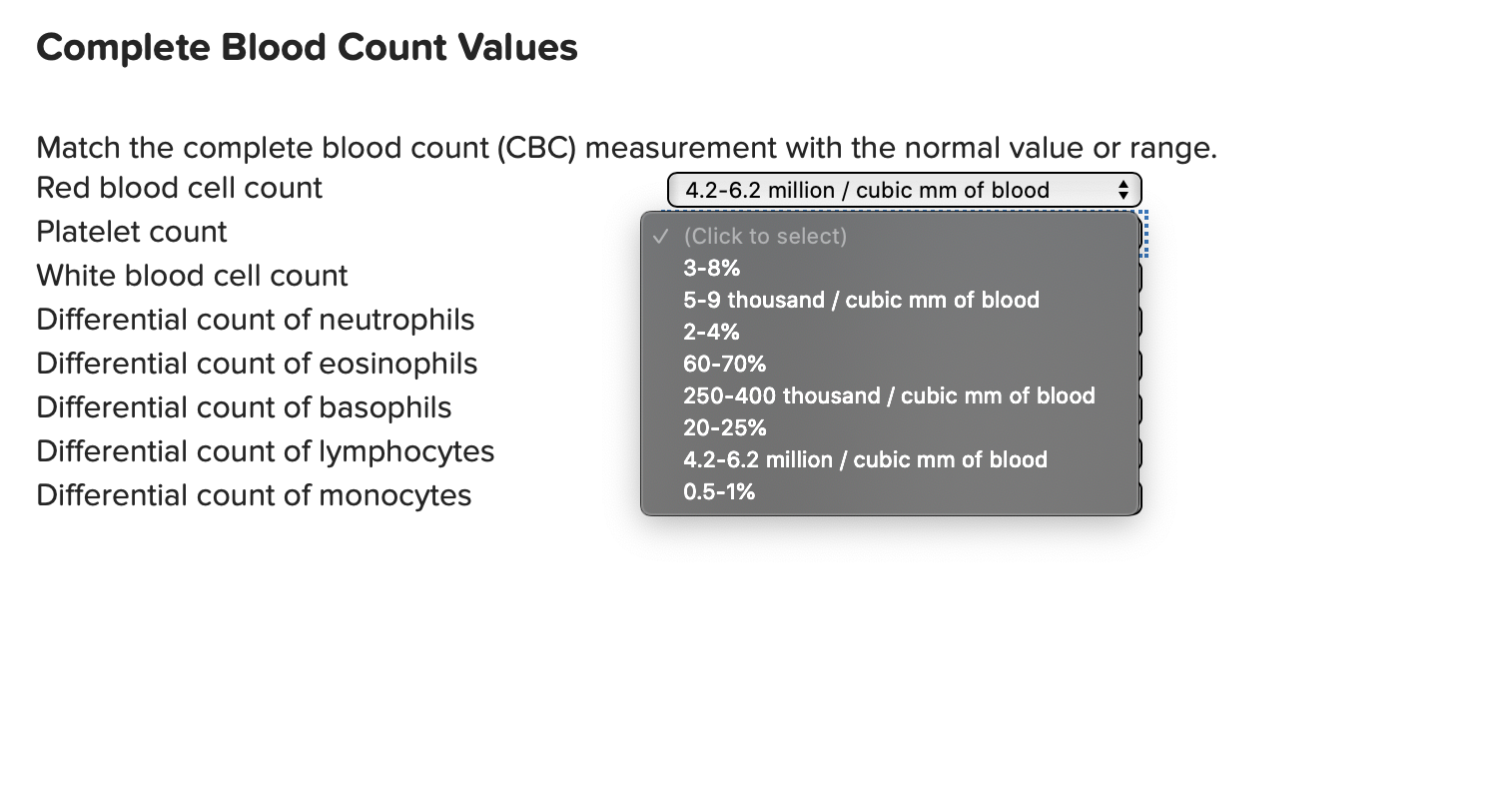 Solved Complete Blood Count Values Match the complete blood | Chegg.com