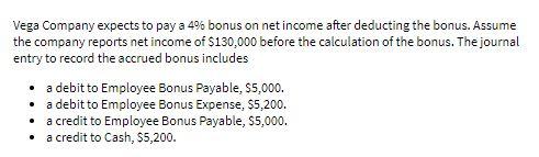 Solved Vega Company expects to pay a 4% bonus on net income | Chegg.com