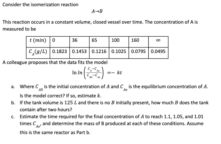 Solved Consider the isomerization reactionA→BThis reaction | Chegg.com