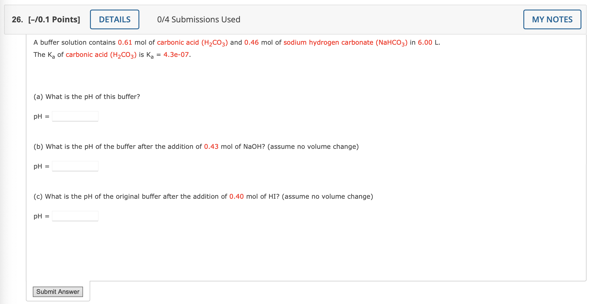 Solved -/0.1 Points] 0/4 Submissions Used A buffer solution | Chegg.com