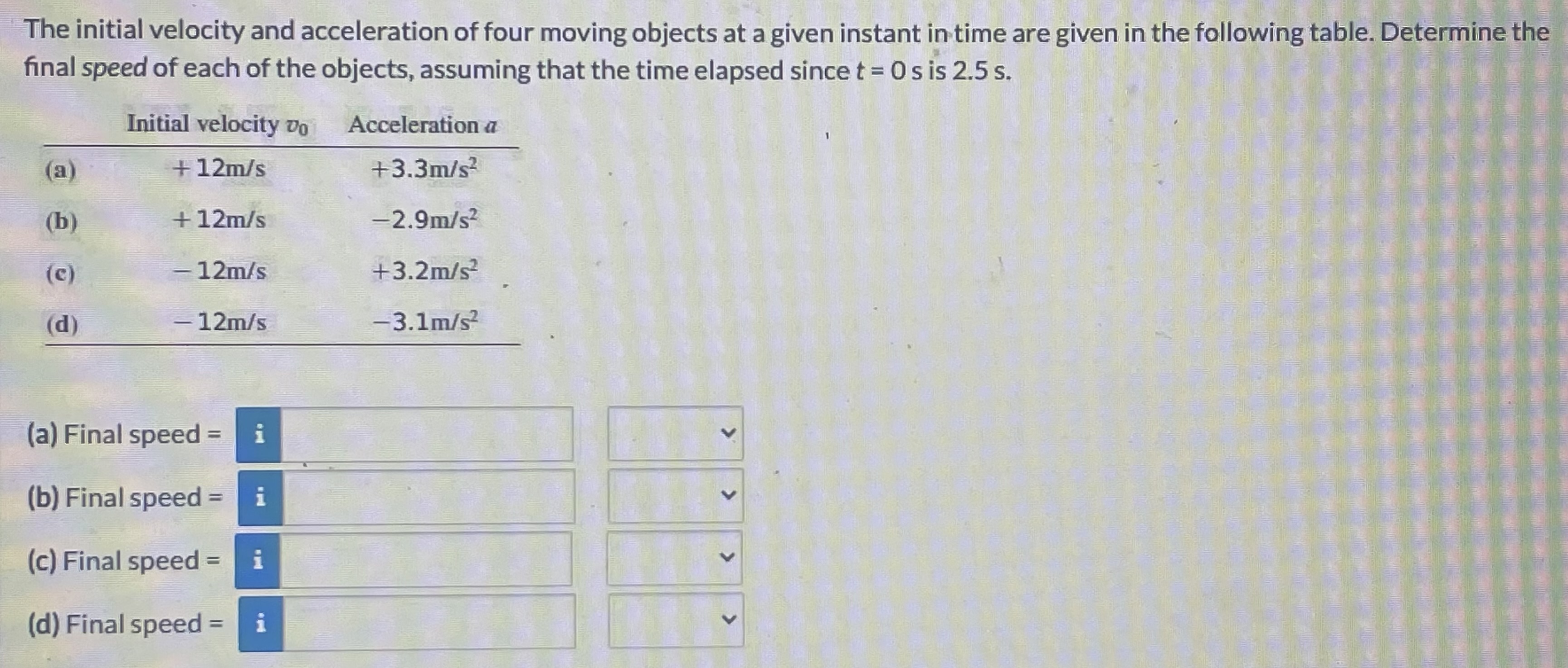 Solved The initial velocity and acceleration of four moving | Chegg.com