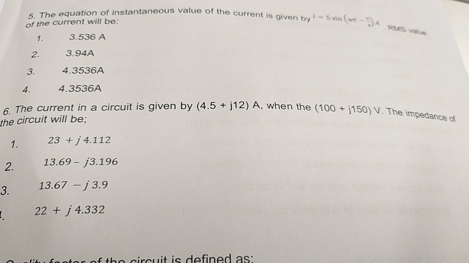 Solved aneous value of the current is given by i - 5in wt - | Chegg.com