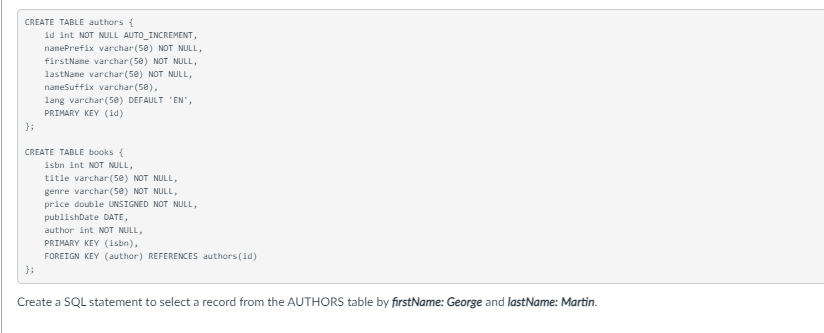Solved CREATE TABLE authors id int NOT NULL AUTO_INCREMENT, | Chegg.com