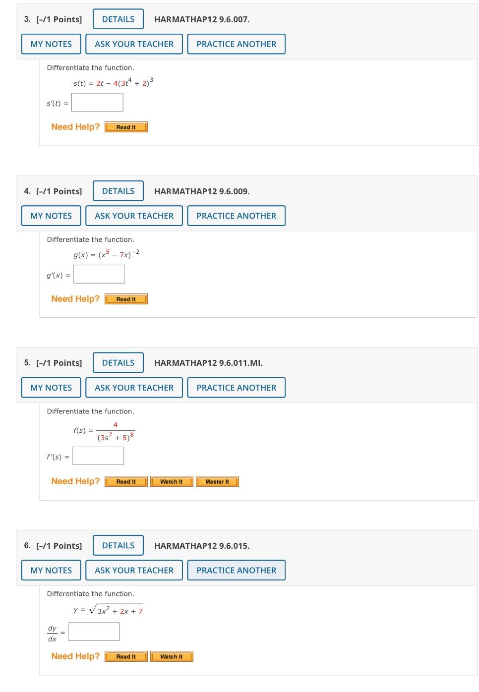 Solved 3. [-/1 Points] HARMATHAP12 9.6.007. Differentiate | Chegg.com