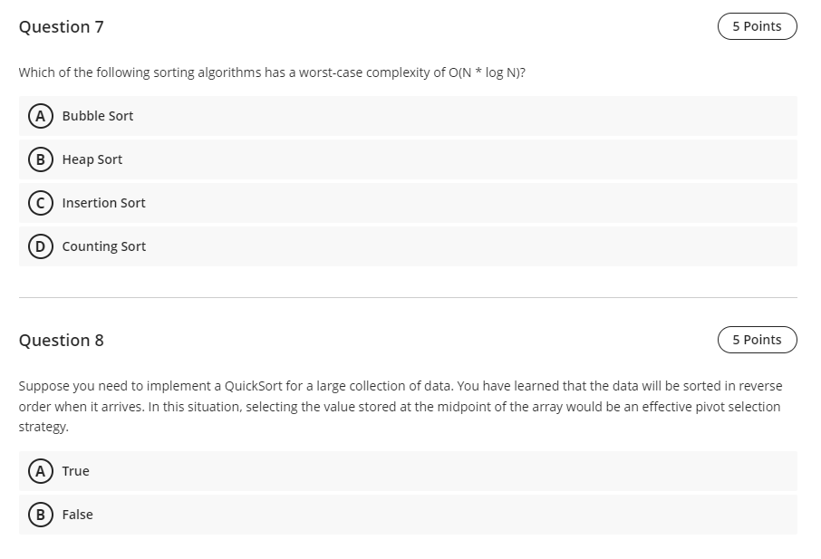 Solved Question 7 5 Points Which Of The Following Sorting 