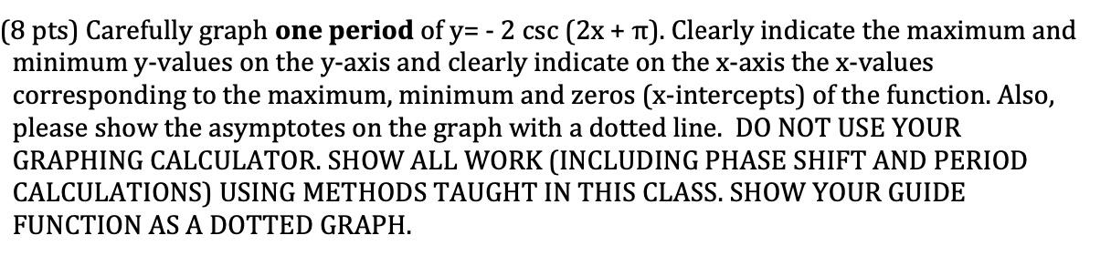 Solved (8 pts) Carefully graph one period of y=- 2 csc (2x + | Chegg.com