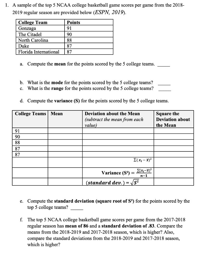 Solved 1. A sample of the top 5 NCAA college basketball game | Chegg.com