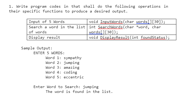Solved 1. Write program codes in that shall do the following | Chegg.com