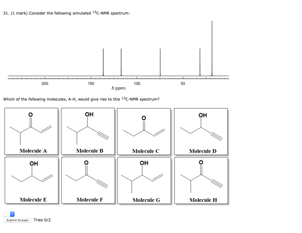 Solved 31. (1 mark) Consider the following simulated 13C-NMR | Chegg.com