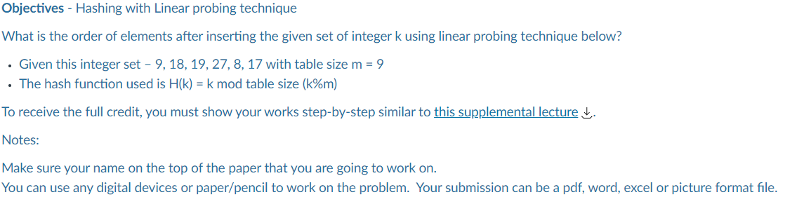 Solved Objectives Hashing With Linear Probing Technique 