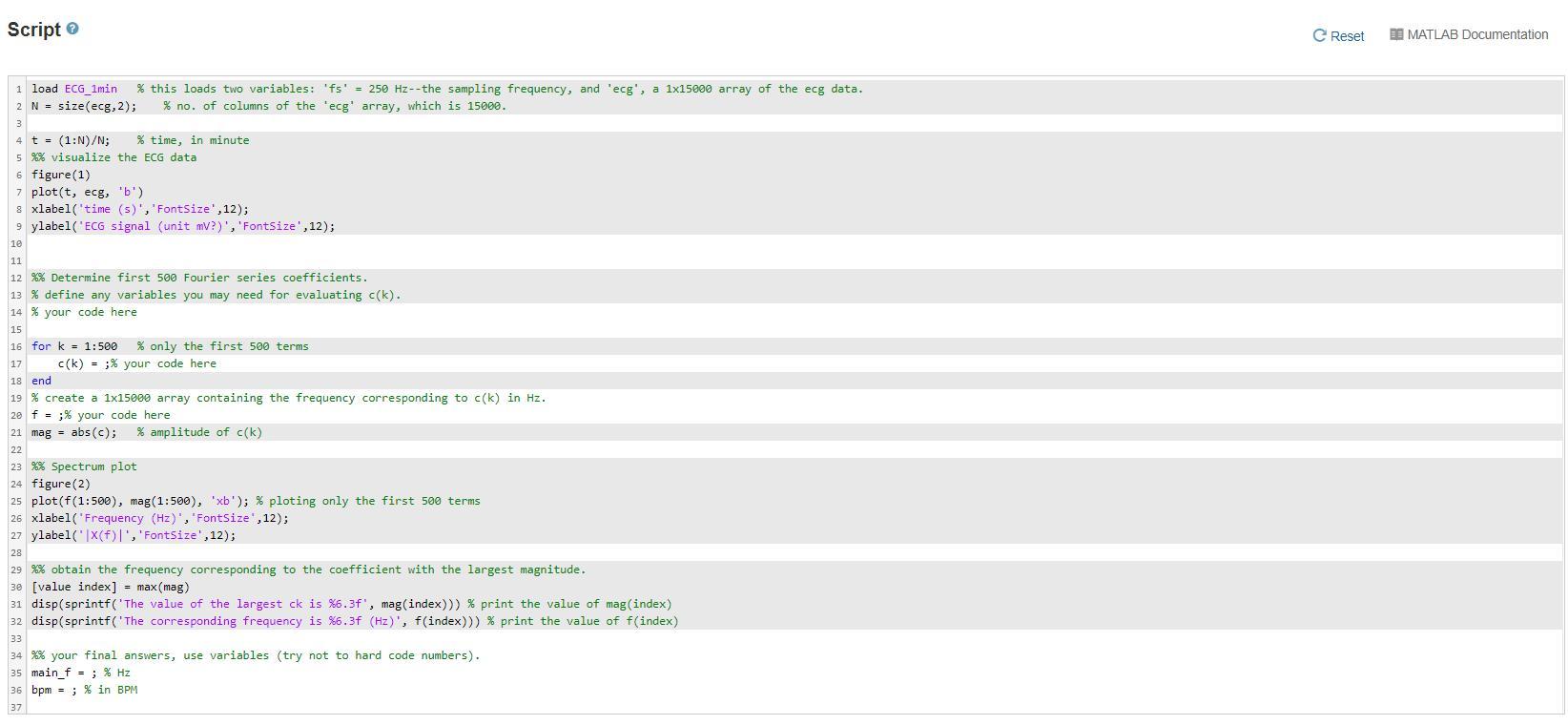 Script e Reset DE MATLAB Documentation 1 load | Chegg.com