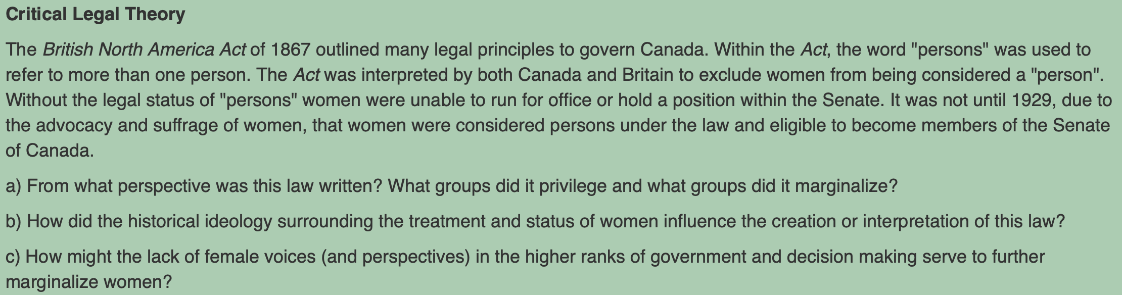 Solved Critical Legal Theory The British North America Act | Chegg.com