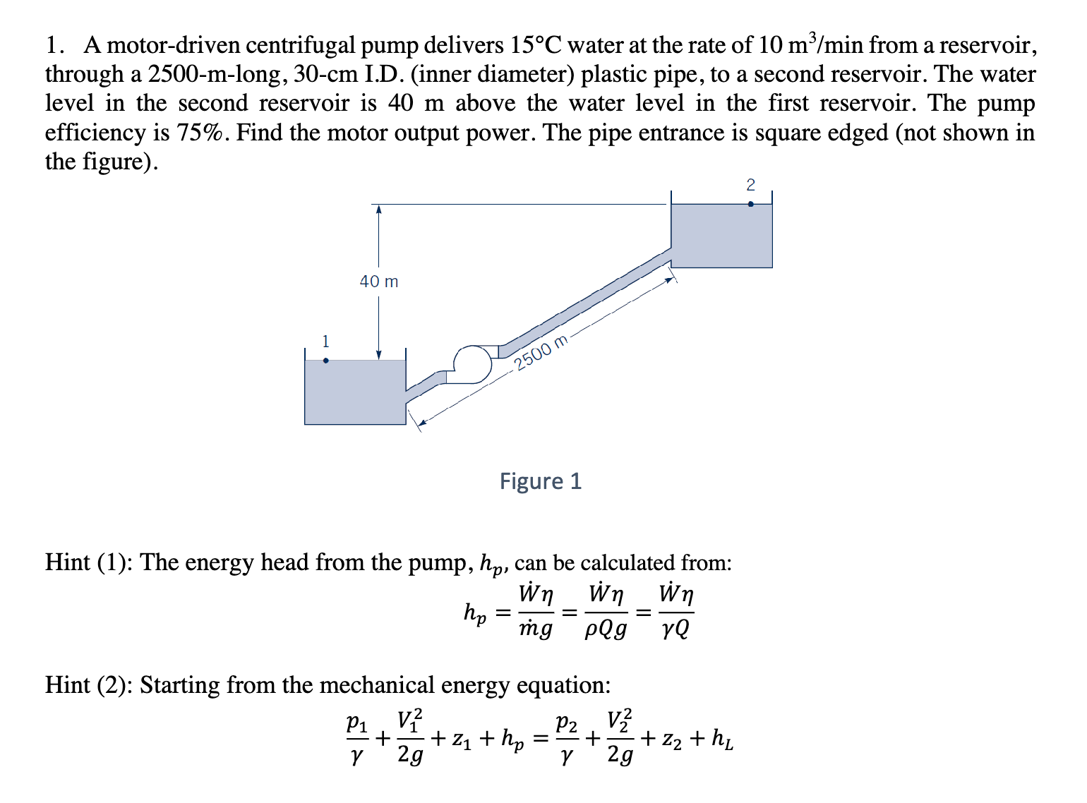 Solved 1. A motor-driven centrifugal pump delivers 15∘C | Chegg.com