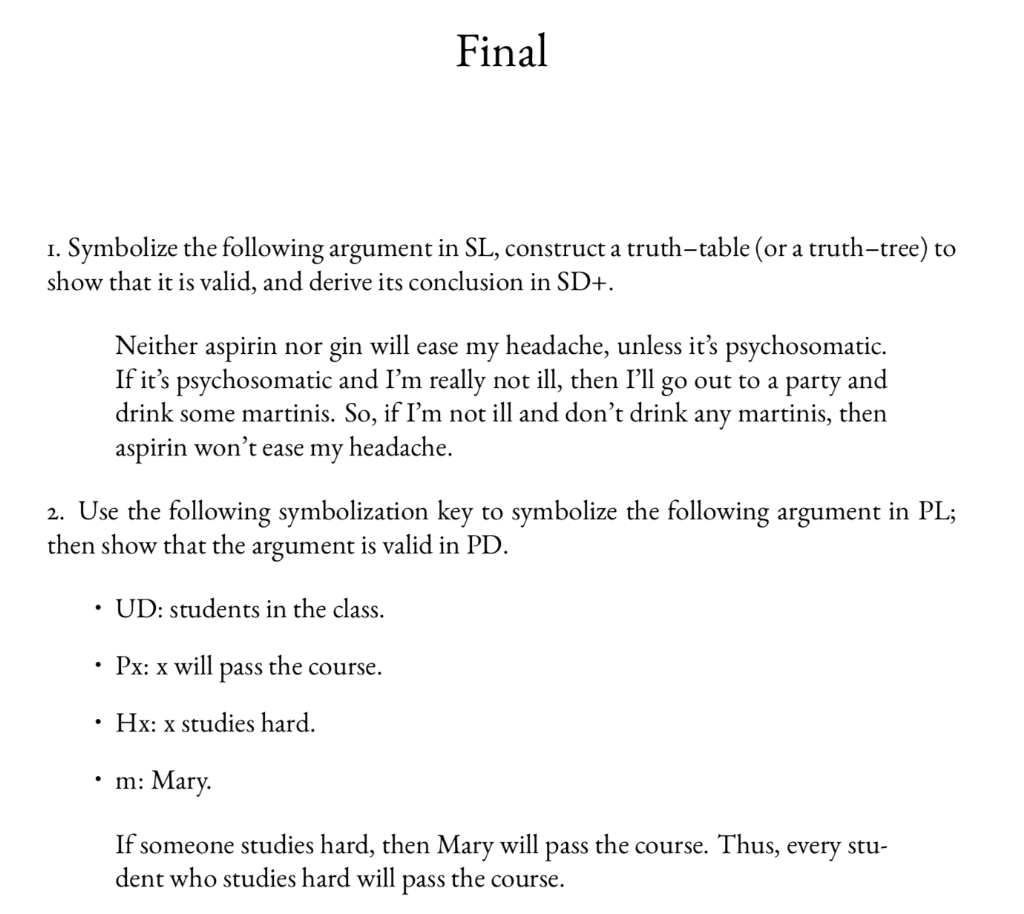 Final 1. Symbolize the following argument in SL, | Chegg.com