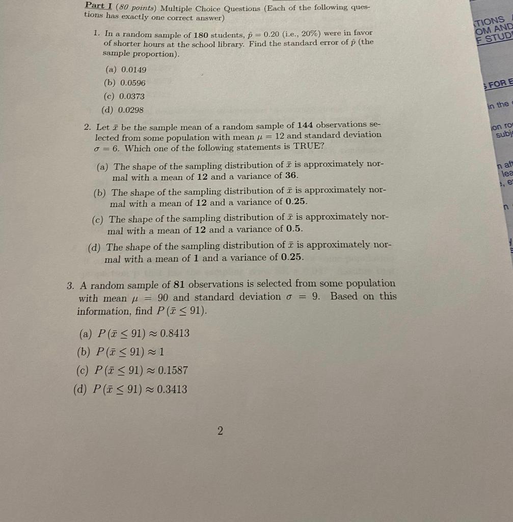 Solved Part I ( 80 points) Multiple Choice Questions (Each | Chegg.com