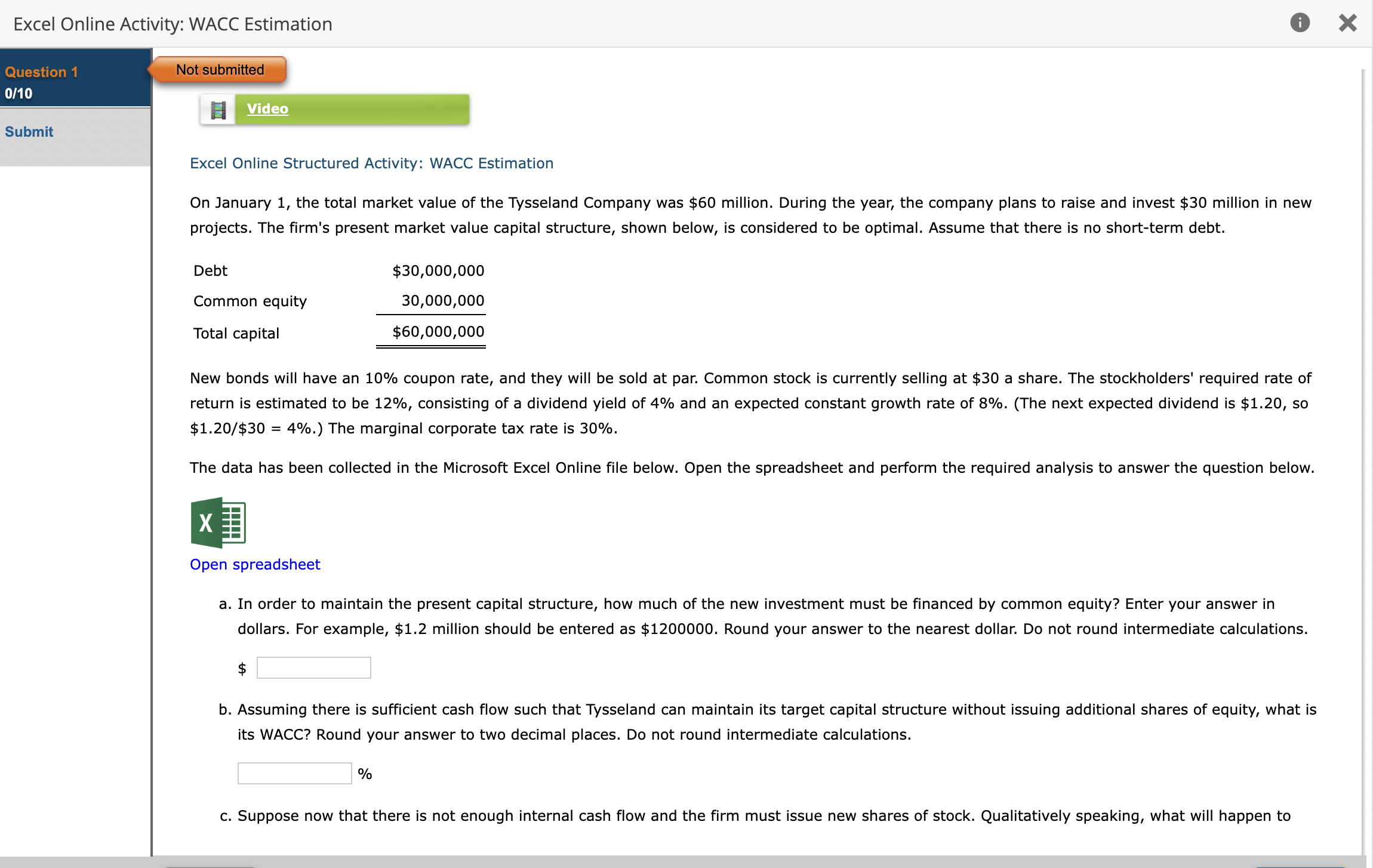 Solved Excel Online Activity: WACC Estimation Question 1 | Chegg.com