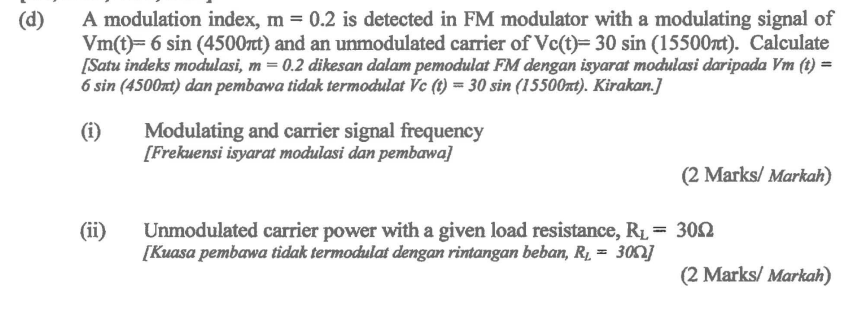 Solved A modulation index, m=0.2 is detected in FM modulator | Chegg.com