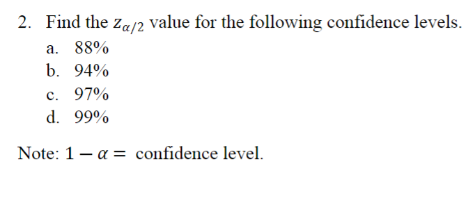 Solved 2. Find the zα/2 value for the following confidence | Chegg.com