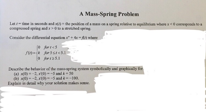 Solved A Mass-Spring Problem Let 1 = time in seconds and | Chegg.com