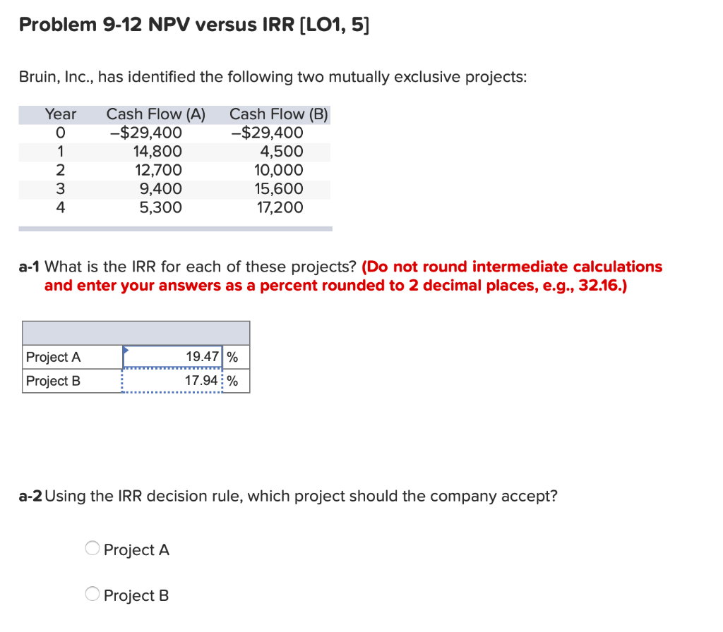 Solved Problem 9-12 NPV versus IRR (LO1, 5] Bruin, Inc., has | Chegg.com